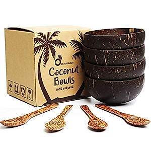 Set of 4 Vietnamese Coconut Bowls and Spoons by Okey Kitchen, 100% Natural, Organic, Eco-Friendly, Vegan, Buddha Smoothie Coco Bowl and Spoons from Ben Tre Artisan Craft (Polished)
