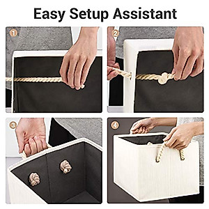 MaidMAX Cloth Storage Baskets, 14.4×10×8.4'', Shelf Basket, Collapsible Storage Bins with 2 Cotton Rope Handles, Bamboo Style Slubbed Fabric, Beige with Gray Lining, Set of 3