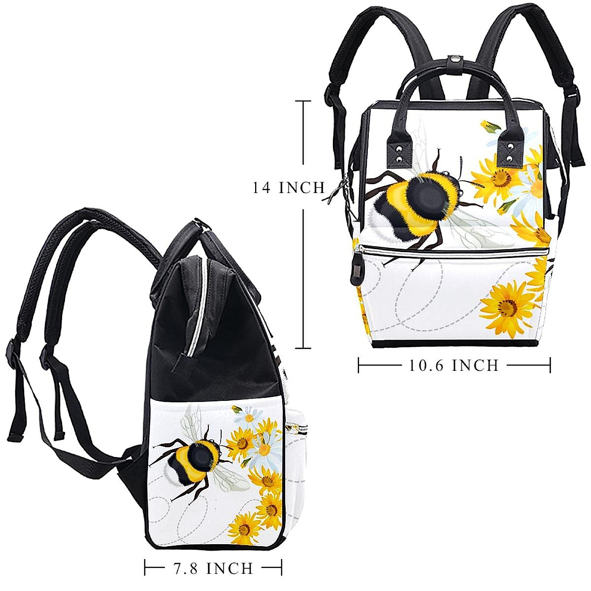 Bumble Bee and Flowers Diaper Bag Backpack, Large Capacity Muti-Function Travel Backpack