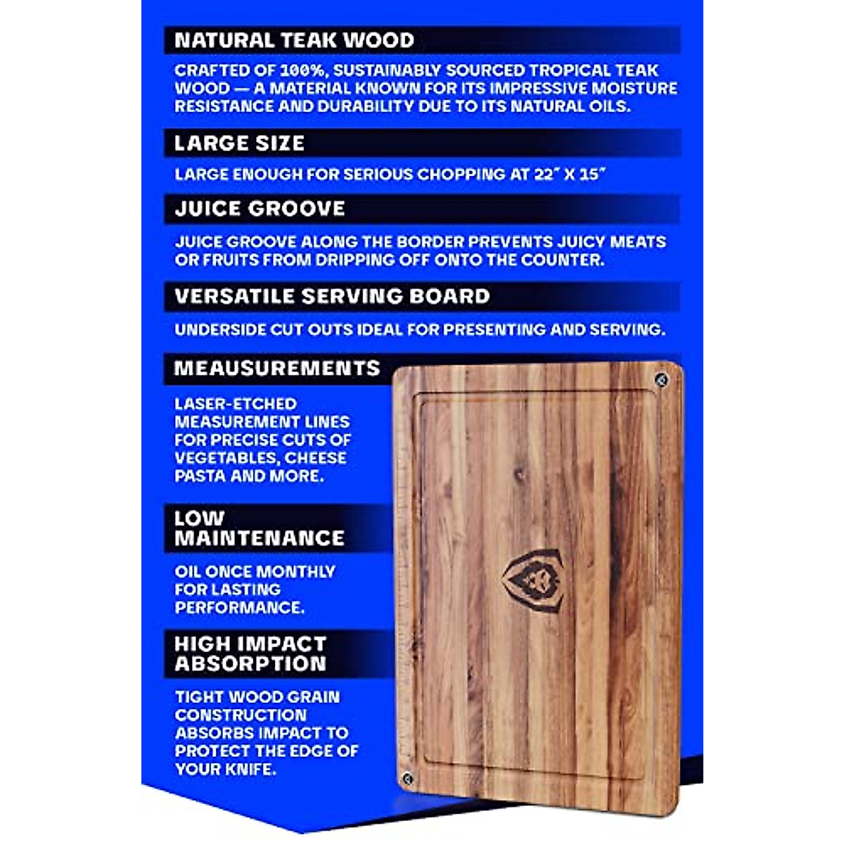 DALSTRONG Teak Wood Cutting Board - 22" x 15" Large Size - Tight Wood Grain - - Laser-Engraved Measurements & Juice Groove - Kitchen Chopping Board - Serving - Large Cutting Boards - Gift Packaging