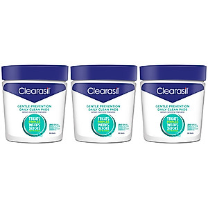 Acne Treatment Facial Cleansing Pads- Clearasil Gentle Prevention Daily Clean Pads with Salicylic Acid Acne Medication, 90 Count (Pack of 3)