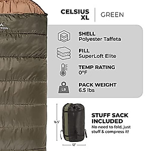 TETON Sports Celsius XL 0F Sleeping Bag; Great for Family Camping; Free Compression Sack, Green, 90-Inchx 36-Inch, Left Zip