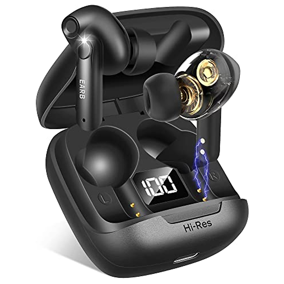 EARB Bluetooth Headphones Wireless Earbuds with 4 Speakers Hi-Res Audio Earphones 30H Playtime with Charging Case and LED Display Touch Control Waterproof in-Ear Headset USB-C for Sports Work Game