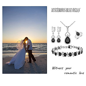 LMXXVJ Women Jewelry Set - Silver Tone Black Stone Necklace Open Ring Earrings Tennis Bracelet Set,Wedding Birthday/Anniversary Mother’s Day Birthstone Jewelry