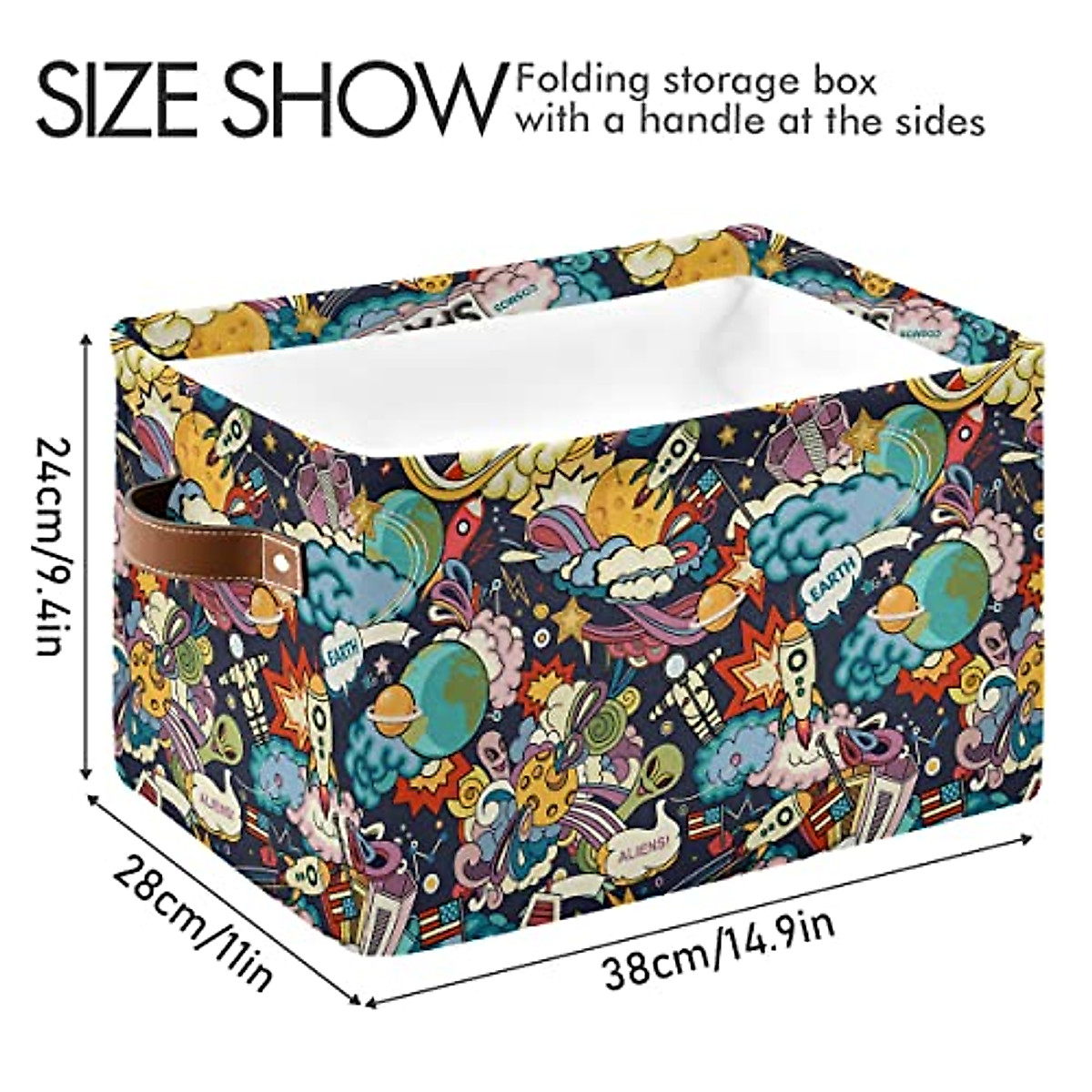 xigua Cartoon Space Rocket Storage Basket Collapsible Toy Storage Bins Waterproof Canvas Storage Basket with Leather Handles for Home Closets Offices,Bedrooms,Kids Toy and Gift Baskets,2PCS