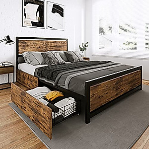 AMERLIFE Queen Bed Frame with 4 XL Storage Drawers, Storage Platform Bed with Wooden Headboard & Footboard, No Box Spring Needed, (BT-829Q)