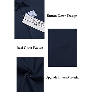 COOFANDY Mens Shirt Linen Casual Button Down Summer Beach Tops, Navy Blue, Large, Short Sleeve