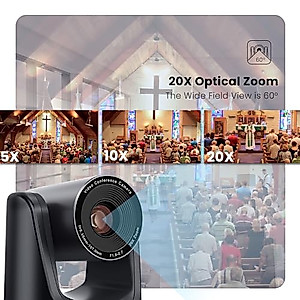 TONGVEO 20X Optical Zoom 60fps PTZ Camera Conference Room USB 1080P Camera System for Church Worship Services Meeting Online Learn, Works with Zoom, Skype OBS Easy to Set Up