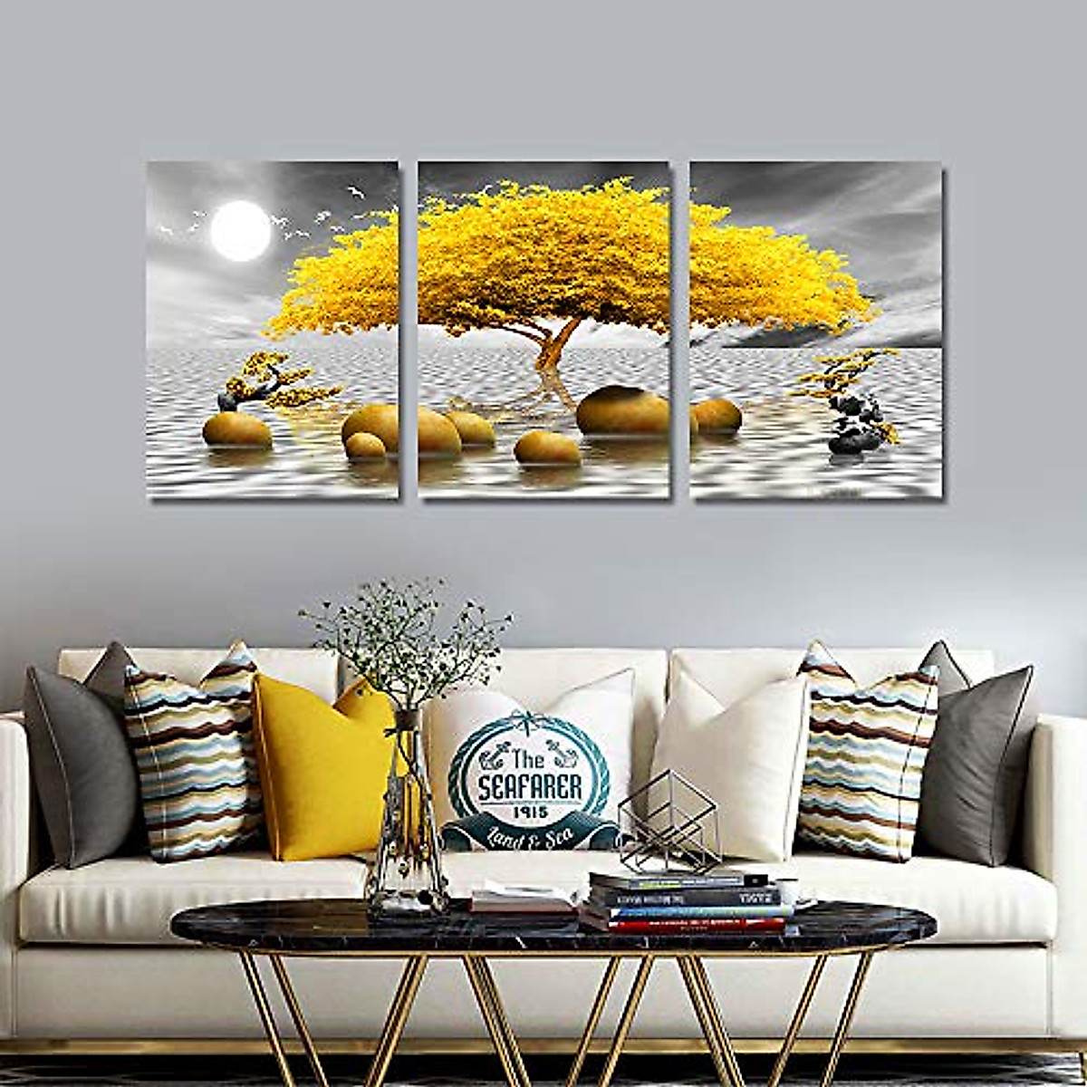 Wall decorations for living room Canvas Wall Art for bedroom Abstract wall decor Black and white Canvas Art Yellow tree paintings bathroom Home Decoration 3 Piece Hang Pictures Office Wall Artworks