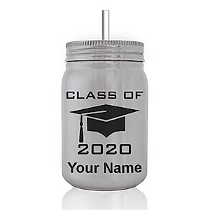 LaserGram Mason Jar Sports Water Bottle, Grad Cap Class of 2020, 2021, 2022, 2023 Personalized Engraving Included