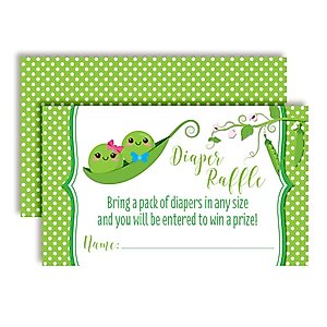 Two Peas In A Pod Twin Boy And Girl Diaper Raffle Tickets for Baby Showers, 20 2" X 3” Double Sided Insert Cards for Games by AmandaCreation, Bring a Pack of Diapers to Win Favors & Prizes!