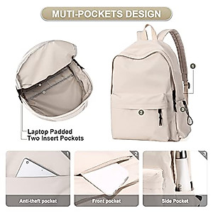 PAUBACK Beige School Backpack for Girls Water Resistant High School Book Bag Simple Backpack for Teens Boys Girls, Lightweight Simple Middle School Back Pack Daypack