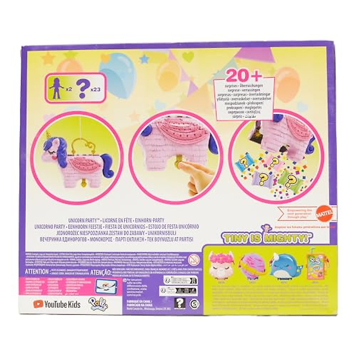 Polly Pocket Micro, Unicorn Party Playset, Pink Unicorn Toy with Purple Hair, 25 Toy Surprises Inside, Toys for Ages 4 and Up, One Playset, GVL88