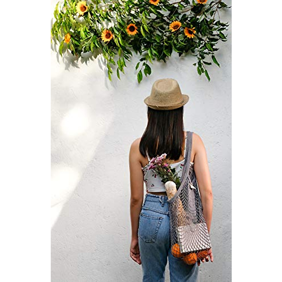 Reusable Grocery Net Bags, Cotton Mesh Tote, Farmer's Market Bags for Fruits and Vegetables, String Shopping Organizer, Storage Bag with Long Handles, 2 Packs (Beige, Gray)