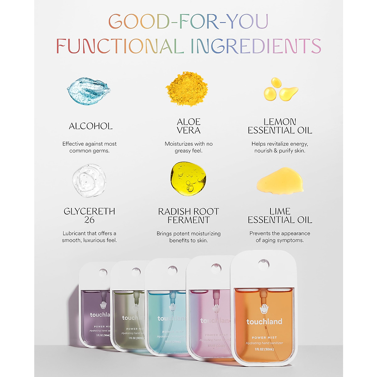 Touchland Power Mist Hydrating Hand Sanitizer Spray, TOP 5-PACK (Applelicious, Sandalwood, Lavender, Berry, Citrus), 500-Sprays each, 1FL OZ Travel Size (Set of 5)