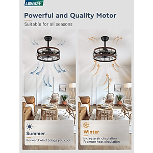 LEDIARY 16.5in Caged Ceiling Fan with Light, Bladeless Industrial Ceiling Fan with Remote, Rustic Metal Fan Lights Ceiling Fixtures for Kitchen, Farmhouse, Bedroom（6 Speed,1/2/4/8h Timing）-Walnut