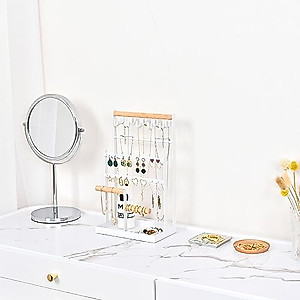 Lolalet Jewelry Holder Organizer Necklace Stand, 6 Tier Jewelry Rack Necklace Holder with 15 Hooks and Bottom Tray, Jewelry Tower Display Storage Tree for Bracelets Earrings Rings -White