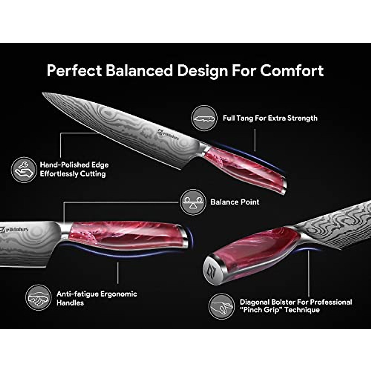 Piklohas Knife Sets For Kitchen With Block, 14 Pieces Kitchen Knife Set With Magnetic Knife Holder, German High Carbon Stainless Steel Damascus Pattern Chef Knife Set With Sharpener, Steak Knives, Red