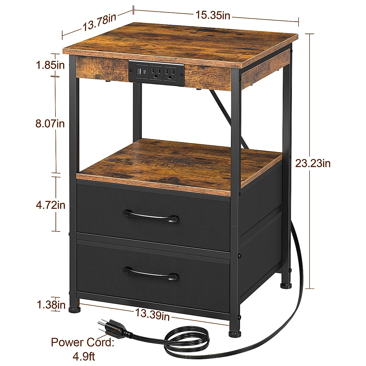 LOAKEKEL Night Stand Set 2, Nightstand with Charging Station, LED End Tables with USB C Port and Outlets, Bedside Table with 2 Fabric Drawers for Bedroom, Rustic Brown, HNS022BR