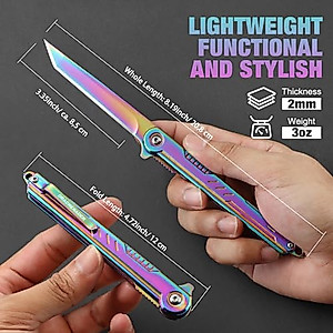 DRACHENADER Tanto Folding Knife for Women and Men, Rainbow Color Slim Gentleman's Tanto Balde Pocket Knife Small Mini Edc Knife for Keychain