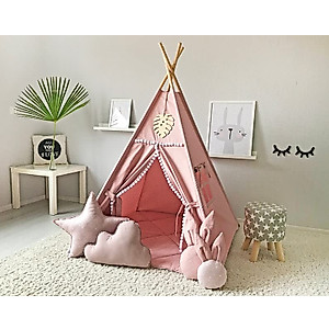 RONGFA Kids Teepee Tent with White Pom Pom - Indoor Play Teepee for Children Boys Portable Play House (Pink)