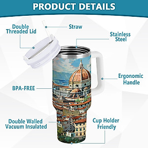 ALAZA Italy Florence Cathedral 30 oz Tumbler Water Bottle with Straw Lid and Handle,Reusable Insulated Stainless Steel Cup for Women Men Travel Car Cup Holder
