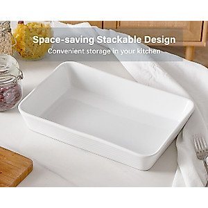 ONEMORE Ceramic Baking Dish, 9x13 Baking Pan Casserole Dish Large Rectangular Baking Dishes for Oven Deep Dish Lasagna Pan for Family Meals Ribbed White Bakeware for Roasting & Serving
