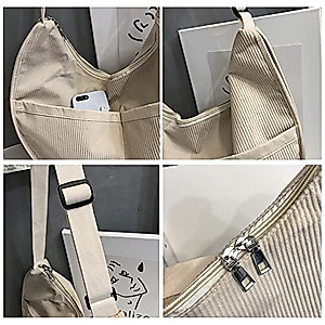 Corduroy Crossbody Bag Retro Casual Shoulder Boho Tote Bag Large Shopping School Bag Unisex Grunge Sling Bag Hippie Purse (Coffee)