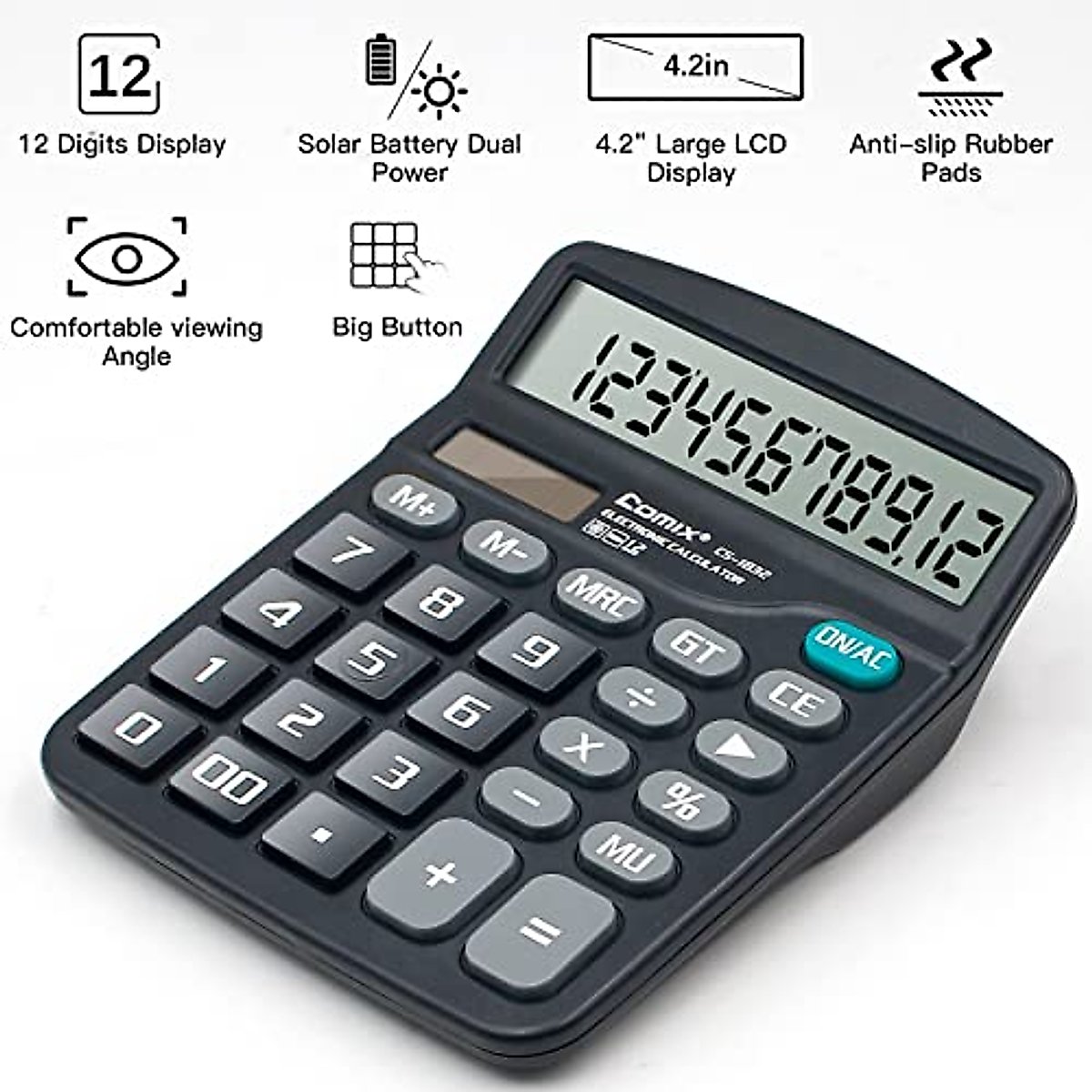 Comix Desktop Calculator 12 Digit with Large LCD Display and Big Button, 12 Digits Baisc Calculator, Solar Battery Dual Powered, for Office Home School C-1832 (Black)
