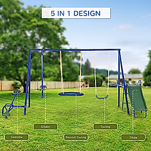 Outsunny 5-in-1 Kids Swing Set Backyard Playground Set with Saucer Swing, Outdoor Slide, Seesaw, Metal Swing Set Kids Outdoor Playset Playground Equipment Blue