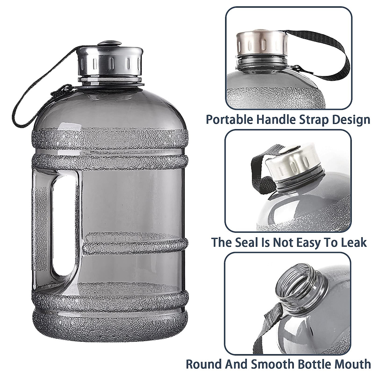 Lizbin Water Jug 1.9L Big Water Bottle, Large Capacity Sports Water Bottle, Leak proof Container Portable Wide Mouth Water Bottles for Outdoor Sports Travel Fitness Gym Cycling Camping Hiking (Black)