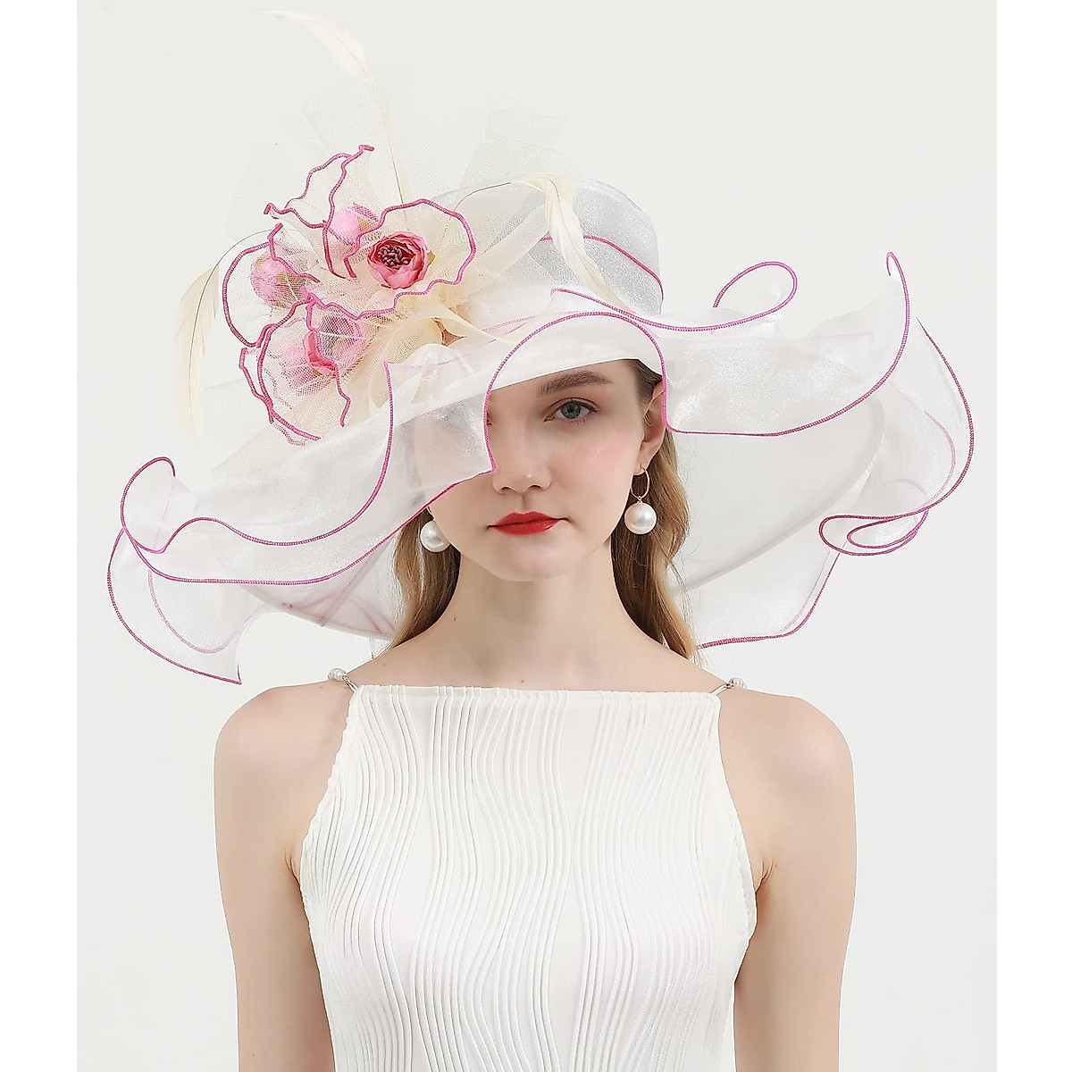 RZTA Women's Kentucky Derby Church Dress Hat Wide Brim Leaf Flower Bridal Shower Hat 01White,Pink