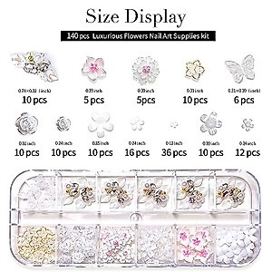 CQ zagir 140 Pcs 3D Flower Nail Art Charms White Nail Charms for Acrylic Nail Supplies Luxurious Mixed Nail Art Rhinestones Nail Gems Nail Accessories DIY Nail Decorations