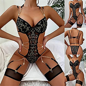 LQWY Sexy Garter Lingerie Set for Women Floral Lace Mesh Chain Babydoll Underwire Bra and Panty Sets