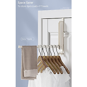 Over The Door Folding Clothes Drying Rack, Alluminum Alloy Hanger with Retractable Lod, Laundry Hanging Coat Rack with 6 Groves, Clothing Hanger Hook for Towel,Coat,Bag and Robe (White Hook Type)