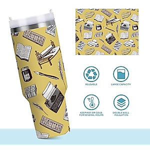 Emelivor Books Yellow 30 oz Tumbler with Lid and Straw Insulated Tumblers with Handle Leak Proof Coffee Tumbler Mug Large Water Bottles for Hot and Iced Cold Drinks