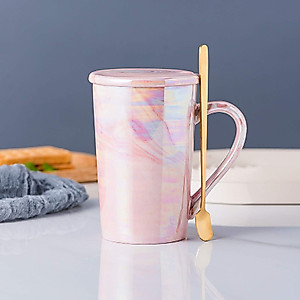 KEYIGOU 13.5oz Marble Coffee Mugs with Lid Gold Spoon Pearly Ceramic Tea Cup Cute Mugs for Women Mom Friend Gifts