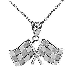 Claddagh Gold .925 Sterling Silver 2/3” x 7/8" Checkered Racing Flags Charm Pendant Necklace - 16"