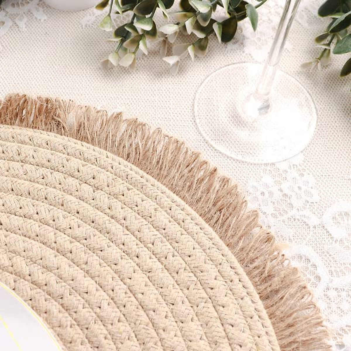 TABLECLOTHSFACTORY 4 Pack | 15" Round Natural Rustic Burlap Jute Placemats Fringed Edges, Farmhouse Placemats with Trim