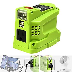 Portable Power Inverter for Ryobi 18V Battery 200LM LED Flashlight 150W Inverters Generator Power Source for 18V 2 USB AC Output, DC 18V to AC 110~120V（Tool ONLY） Green