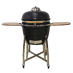 24 in. Lifesmart Kamado Ceramic Charcoal Grill in Black with Free Cover, Electric Starter and Pizza Stone, Double tier cooking grid, 641 sq. in. of cooking surface