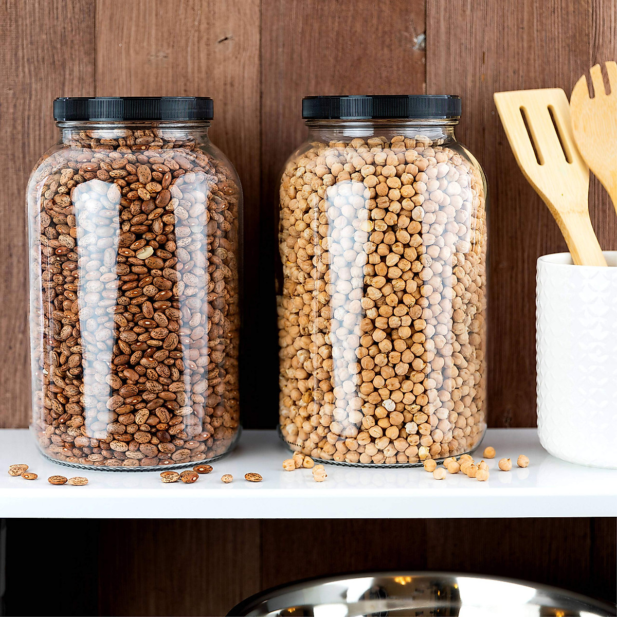 2 Pack - 1 Gallon Mason Jar - Glass Jar Wide Mouth with Plastic Lid - Container for Storing Dry Foods, Spices, Pasta, Legumes and Pet Food - Airtight Kitchen Storage (Black Cap)