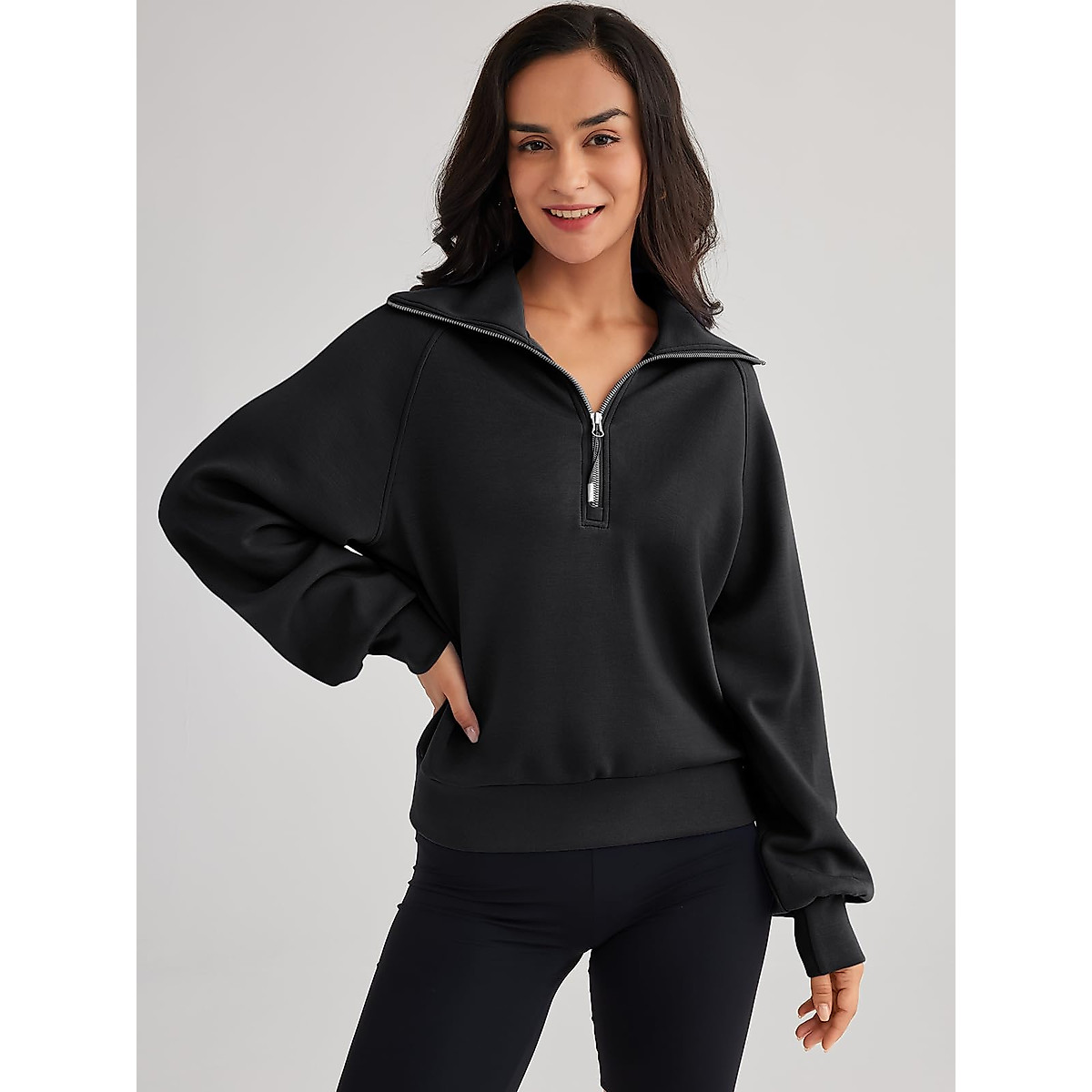 Trendy Queen Womens Oversized Sweatshirts Half Zip Pullover Long Sleeve Quarter Zip Hoodies Teen Girls Fall Y2K Clothes Black L