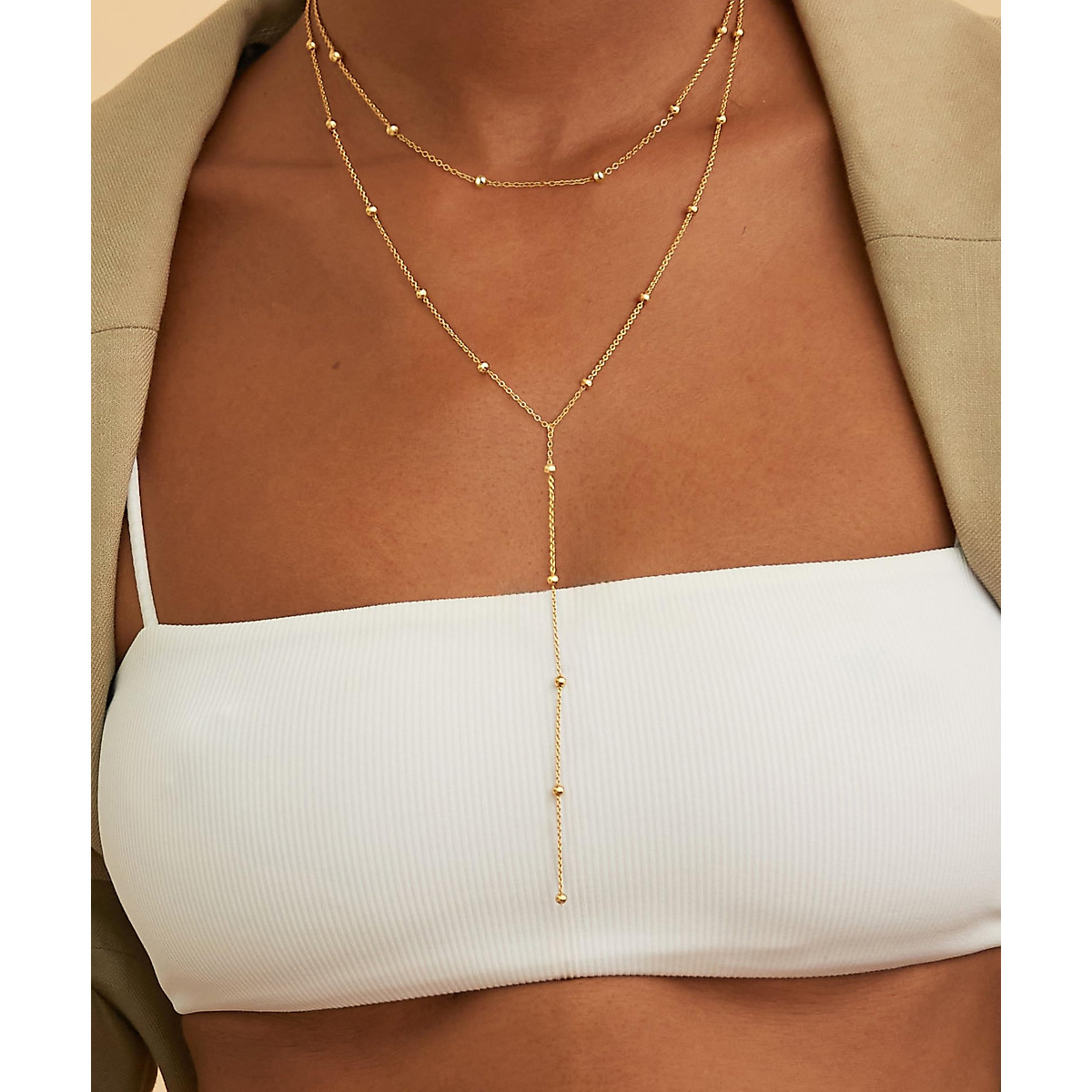 CHESKY Lariat Gold Necklace for Women, Dainty Long Necklace 14k Gold Plated Layered Necklaces Trendy Y-Shaped Bead Pendant Chain Necklace Simple Double Women Gold Necklaces Jewelry Gift Wedding