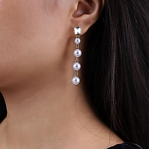 Sttiafay Vintage Crystal Pearl Drop Earrings Long Pearl Chain Earrings Gold Pearl Tassel Earrings Shine Bridal Cz Rhinestone Pearl Earrings Jewelry for Women and Girls