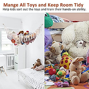 CUHIOY Toy Hammock for Stuffed Animals Large, Toy Storage Net Fits 40 Teddy Bears with Lights, Kids Mesh Hanging Nursery Organizer, Plush Toys Holder on Bedroom Wall Corner Decoration（ Beige）｜64x 64x 45 Inch