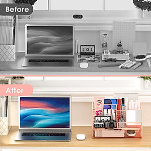 Rose Gold Desk Organizers and Accessories, Office Supplies with Calculator, Acrylic Stapler, Pen Holder, Clips, Scissor Pen, Mesh Desktop Organizer with Drawer for Women, Student, Office, School
