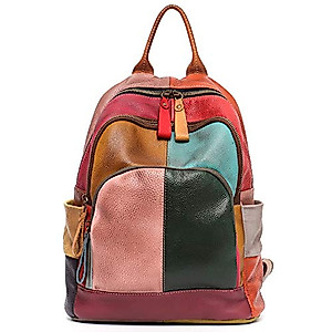 STEPHIECATH Vintage Genuine Leather Backpack Purse for women Laptop Colorful Patchwork Design Shoulder Daypack for Travel School