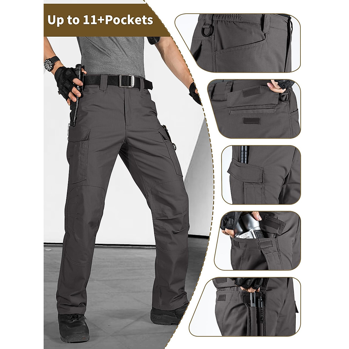 FREE SOLDIER Mens Cargo Pants Lightweight Work Pants for Men Water Resistant Tactical Pants with Pockets for Hiking Outdoor（Gray34Wx30L）