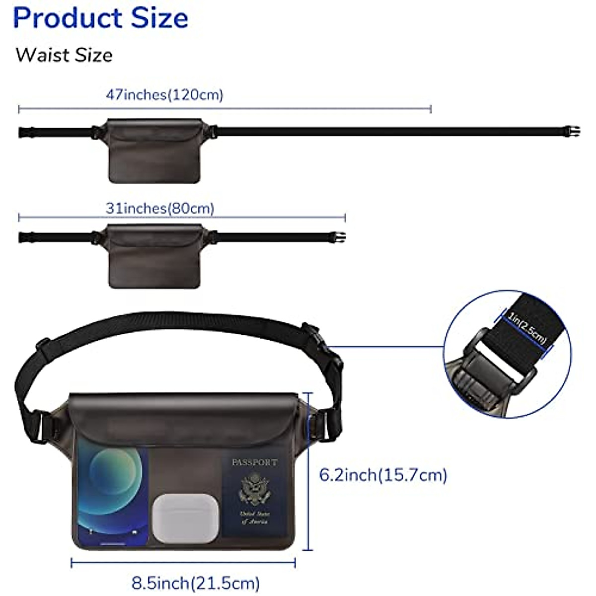 Waterproof Pouch with Waist Strap Beach Accessories Best Way to Keep Your Phone and Valuables Safe and Dry Perfect for Boating Swimming Snorkeling Kayaking Beach Pool Water Park 2 Pack Black+Blue